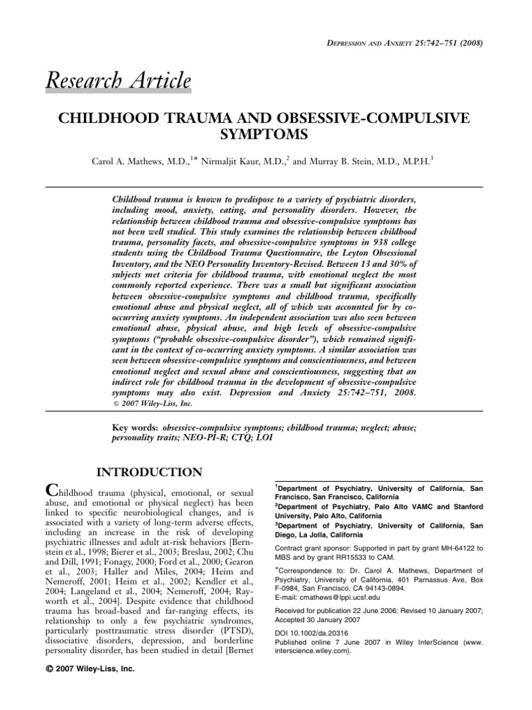 Childhood Trauma and Obsessive Compulsive Disorder | PDF ... Childhood Trauma and Obsessive Compulsive Disorder | PDF ...