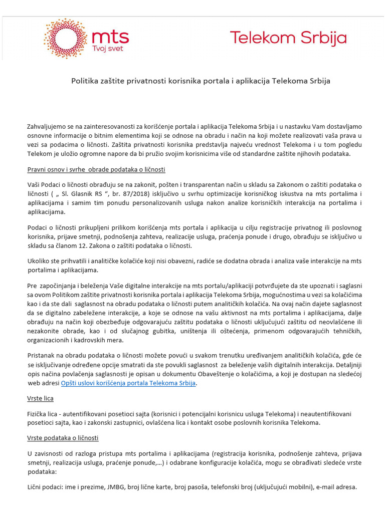 Privatnost Korisnika Portala I Aplikacija Telekoma Srbija | PDF