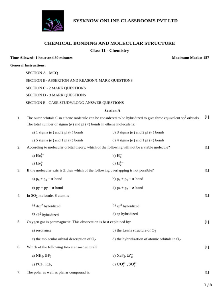Chemical Bonding and Molecular Structure-Exam | PDF | Molecular Orbital ...