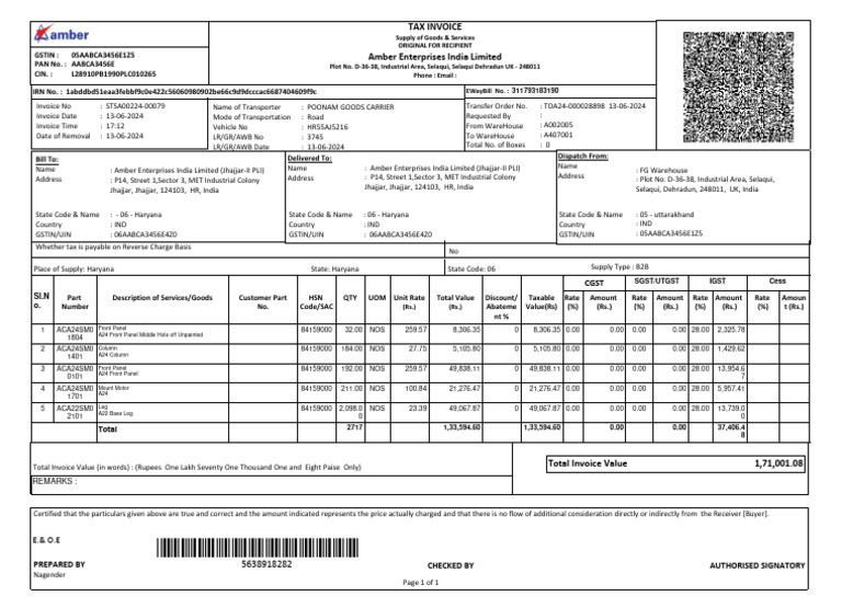 B2B Tax Invoice for Amber Enterprises | PDF | Taxes | Government Finances