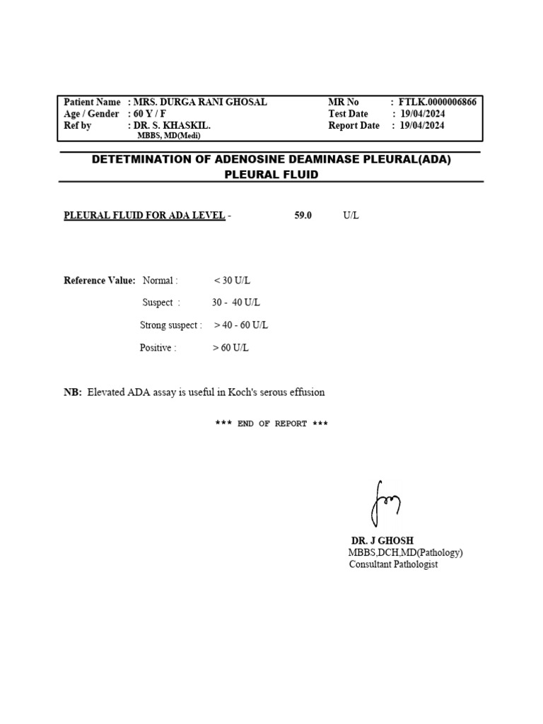 Detetmination of Adenosine Deaminase Pleural (Ada) Pleural Fluid | PDF