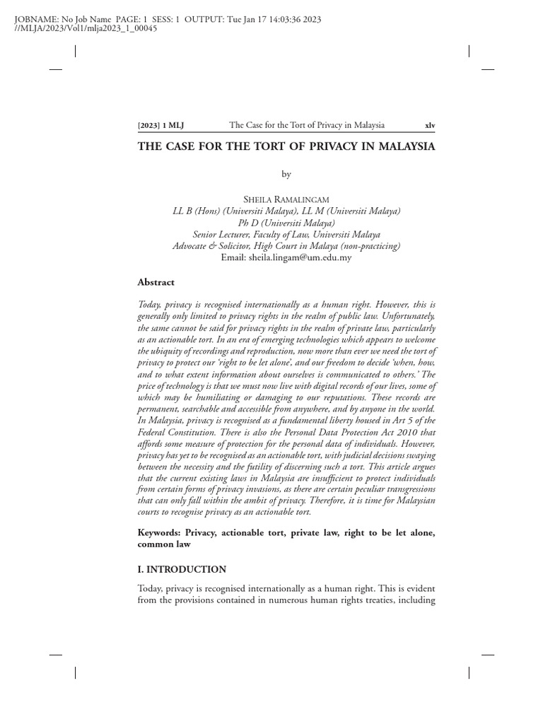 The Case For The Tort of Privacy in Malaysia (2023) 1 MLJ XLV | PDF ...
