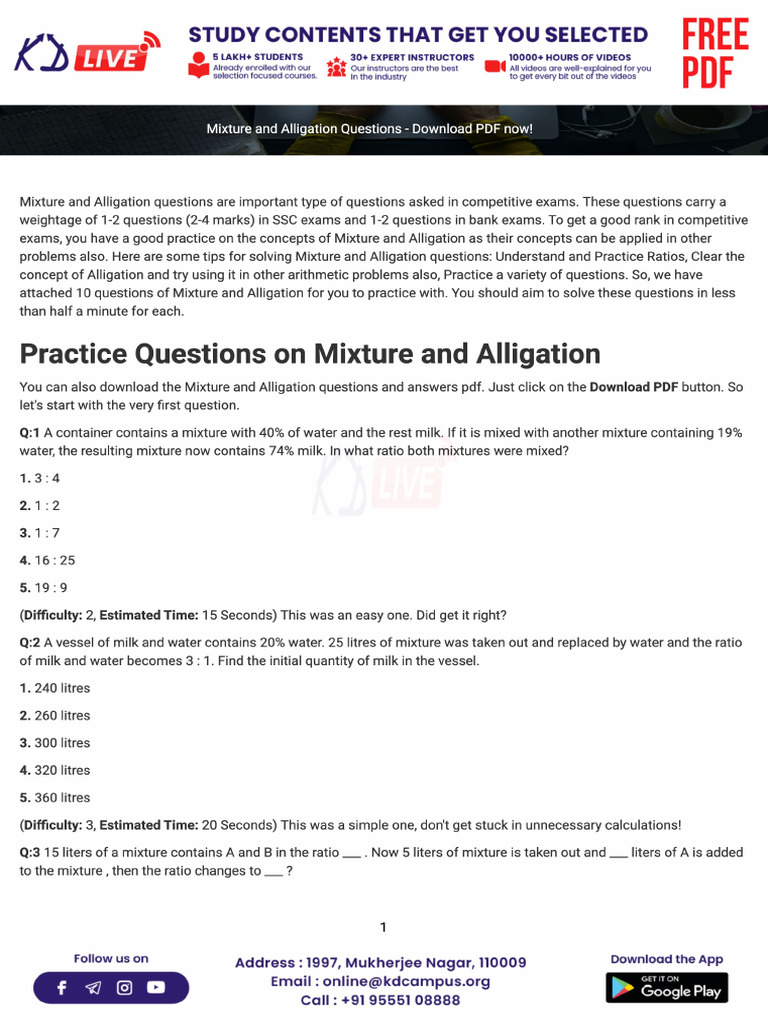 Mixture And Alligation Pdf