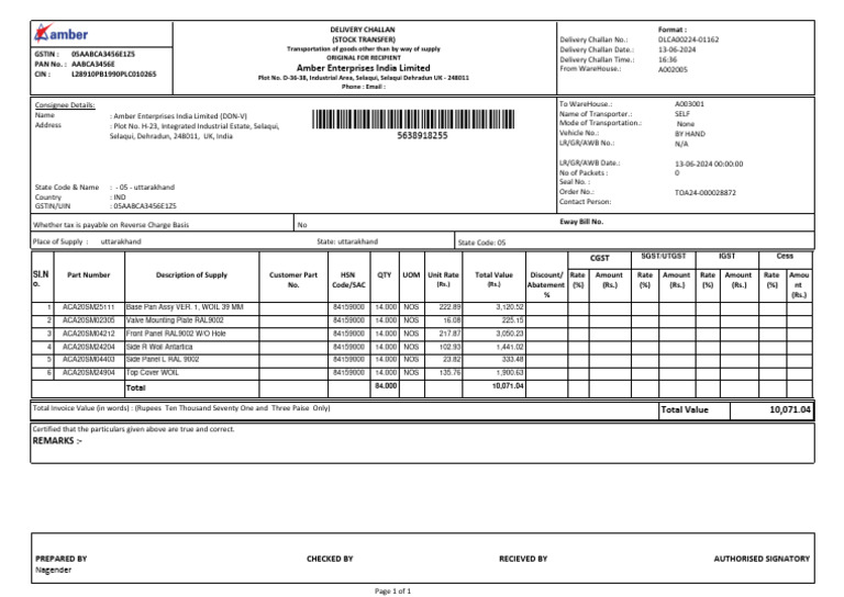 Delivery Challan for Stock Transfer | PDF | Government Finances | Taxes