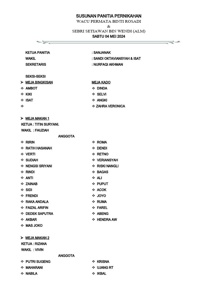 Susunan Panitia Resepsi Pernikahan 1 | PDF Susunan Panitia Resepsi Pernikahan 1 | PDF