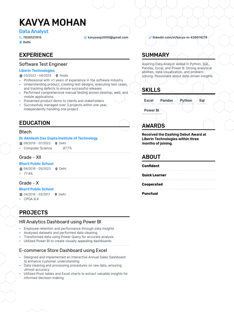 Kavya's Resume | Download Free PDF | Data Analysis | Data