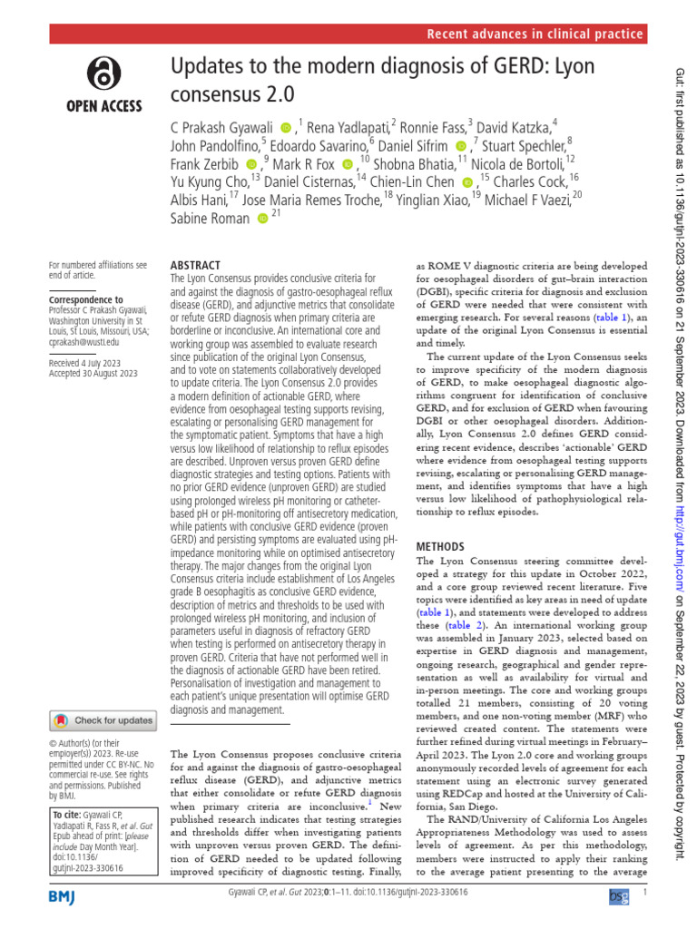 Lyon Consensus 2.0 for GERD Diagnosis | PDF | Gastroesophageal Reflux ...