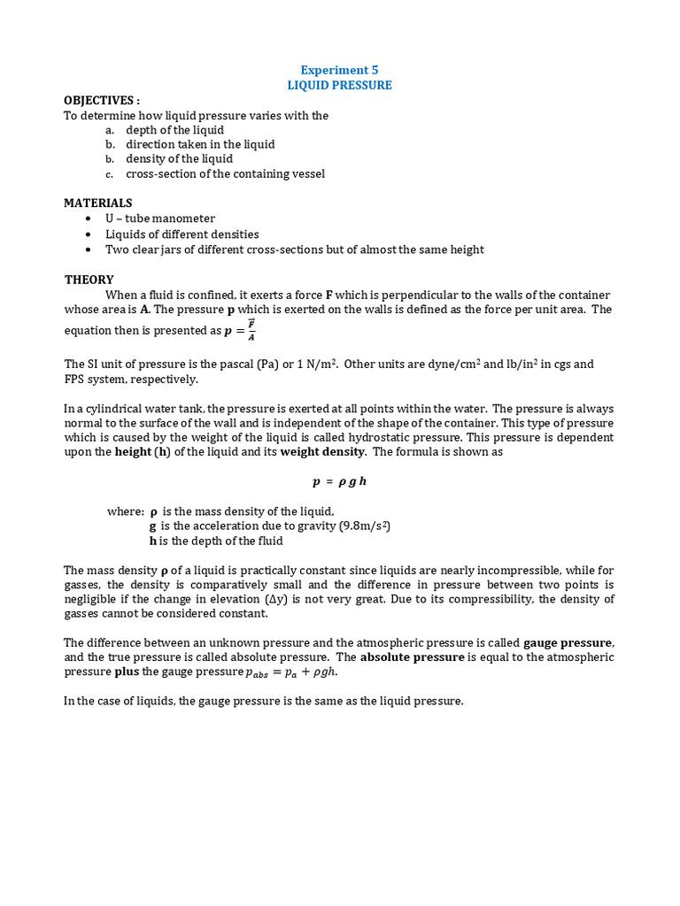 Experiment 5 Liquid Pressure | PDF | Pressure | Pressure Measurement