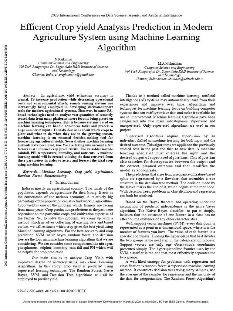 Efficient Crop Yield Analysis Prediction in Modern Agriculture System Using Machine Learning ...