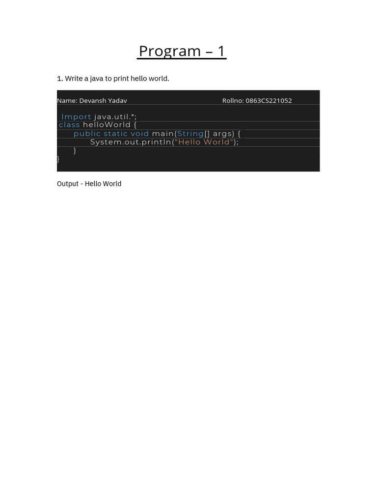 Program - 1: 1. Write A Java To Print Hello World | PDF | String ...