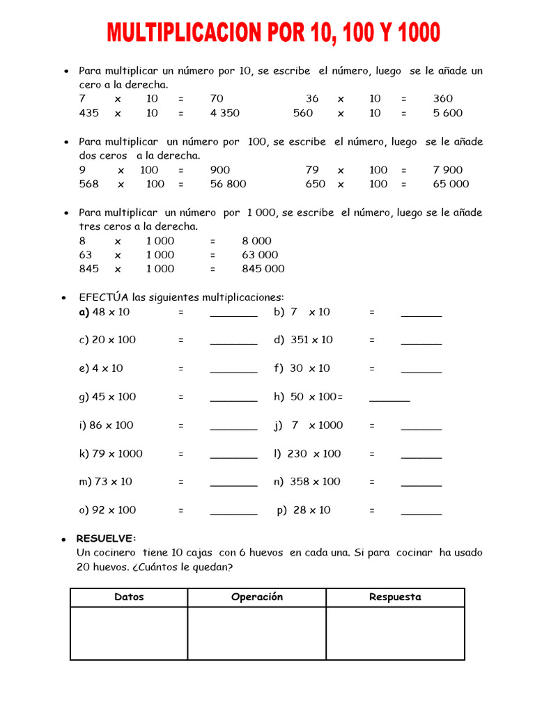 Multiplicacion Por 10 100 y 1000 Primaria | PDF