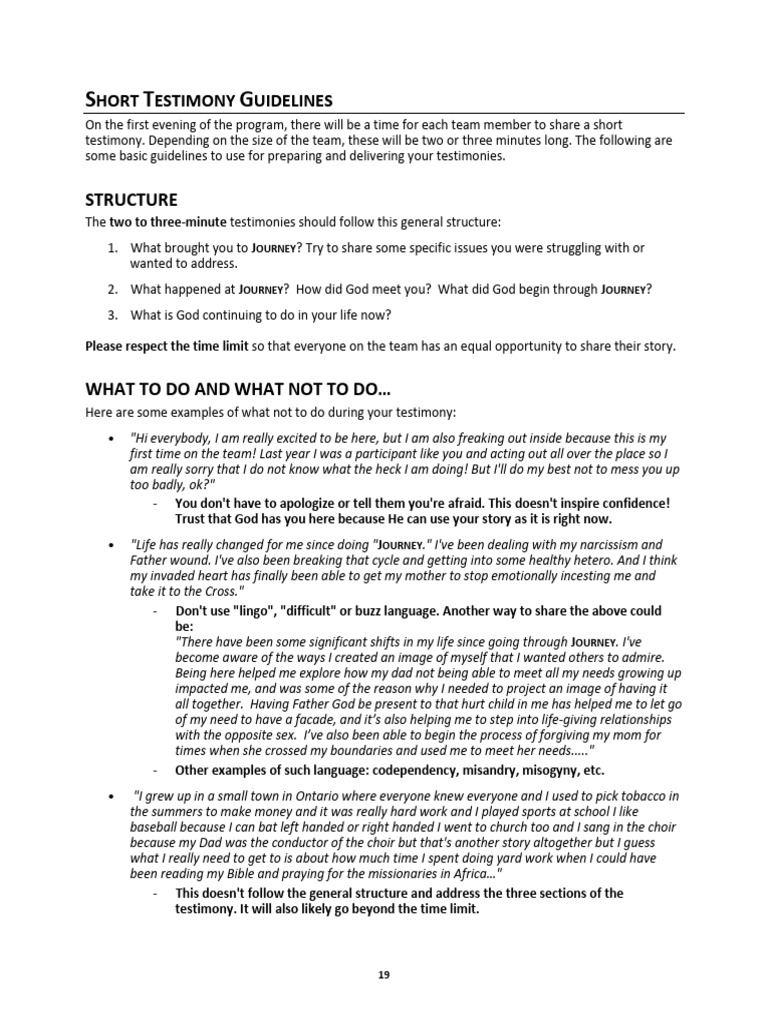 JIW Short Testimony Guidelines | PDF | Self-Improvement