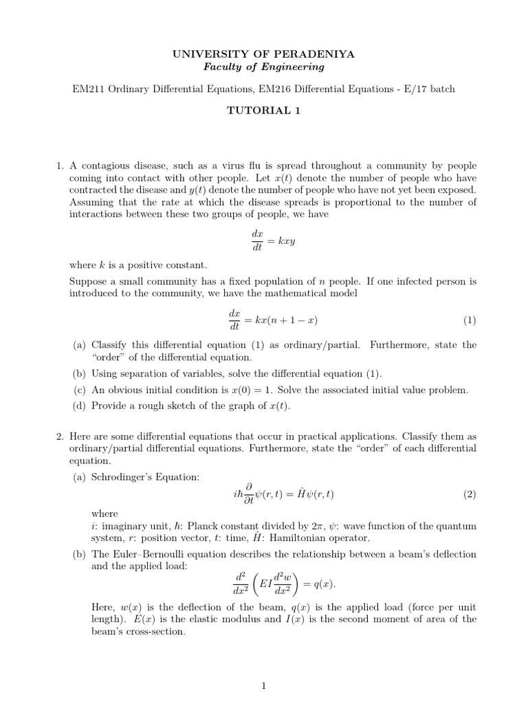 Tute 1 Pdf Ordinary Differential Equation Differential Equations 