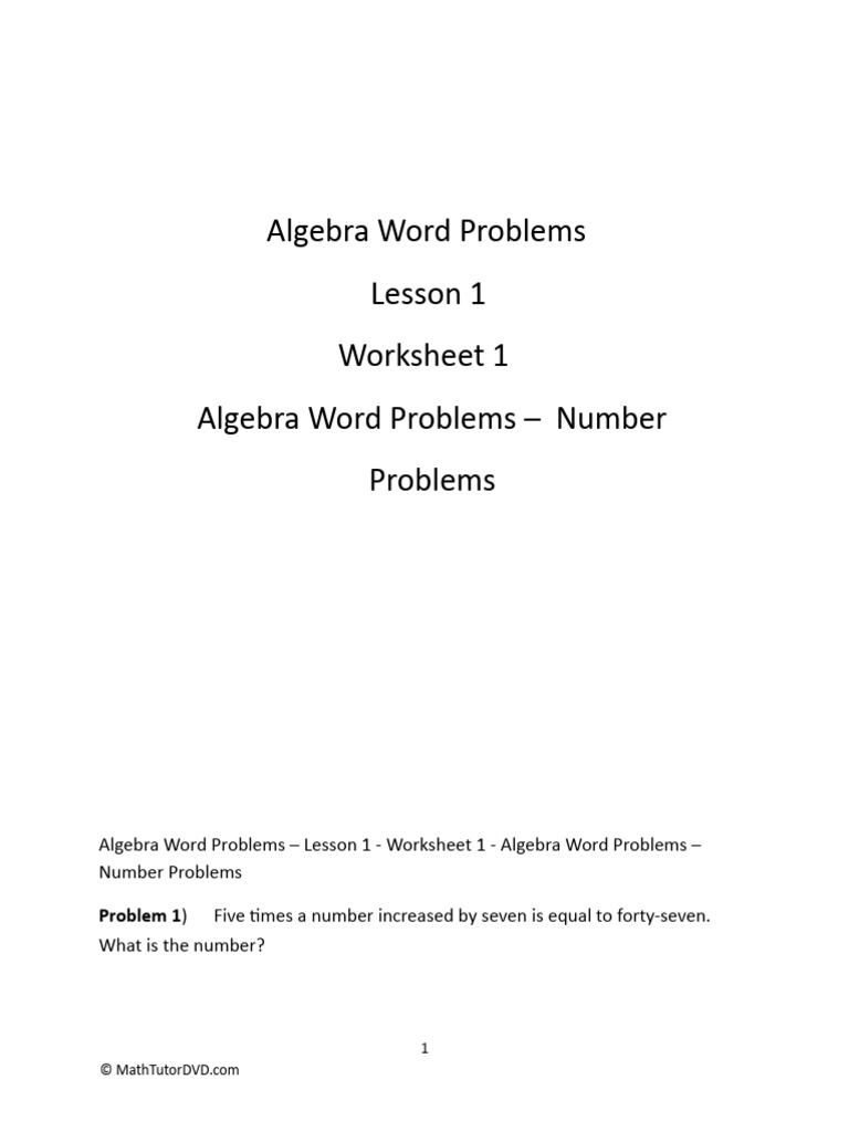 Algebra Word Problems - Worksheet 1 - Number Problems | PDF | Equations | Numbers
