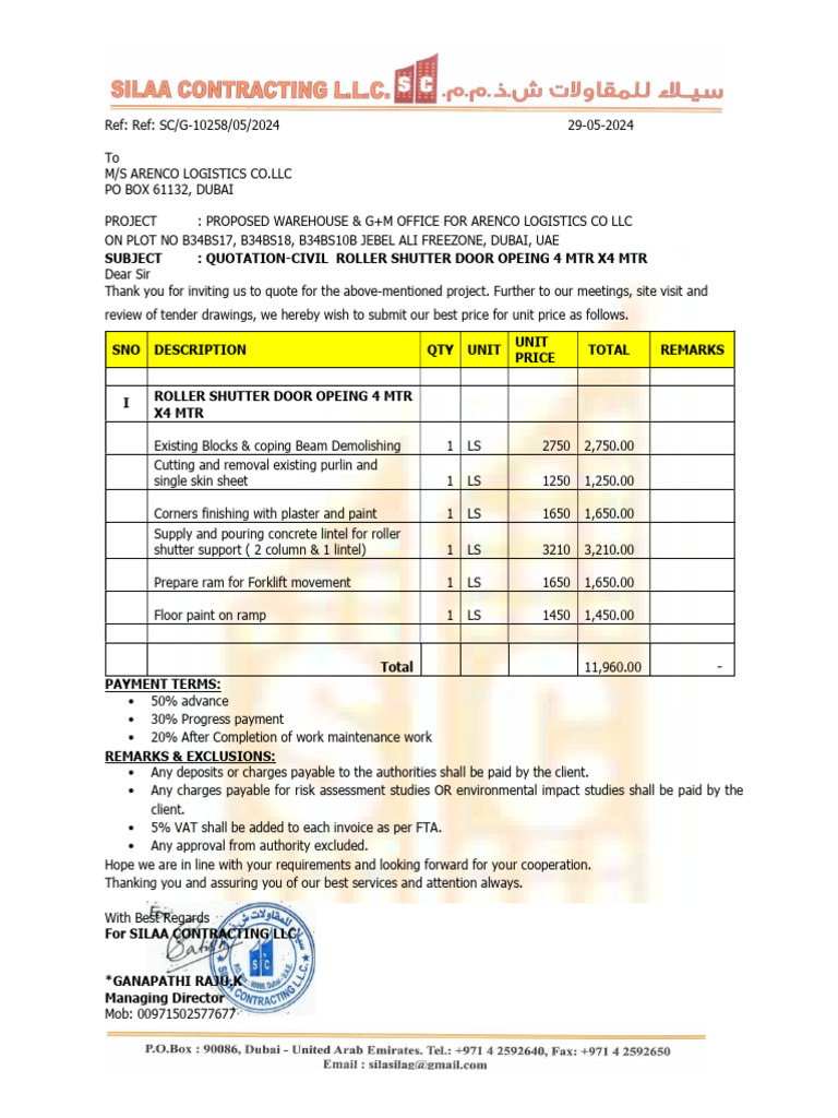 Quotation-Civil Roller Shutter Door Opeing 4 MTR x4 MTR | PDF ...
