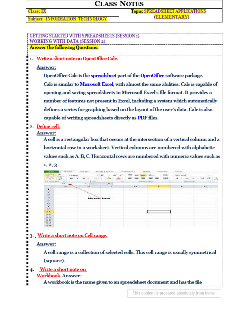 unit-4 notes-class-IX | Download Free PDF | Microsoft Excel | Spreadsheet