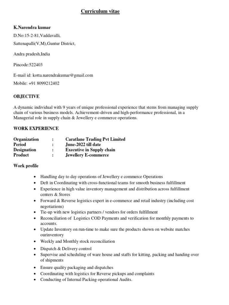 CV-Narendra Kumar Fulfillment | PDF | E Commerce | Logistics