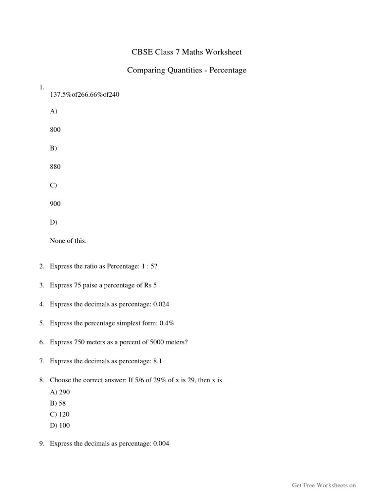 CBSE Class 7 Maths: Percentage Worksheets | PDF | Career & Growth ...