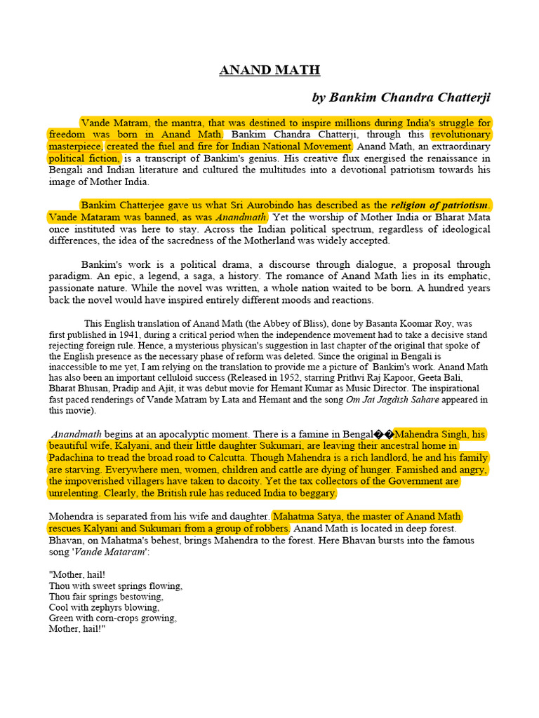 Anandamath - Notes 1 | PDF | History | Religion & Spirituality