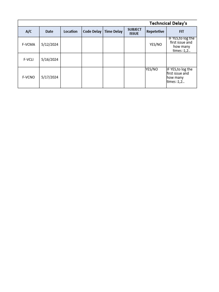 Technical Delay Log for A/C Issues | PDF