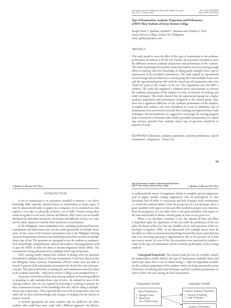 TypeofExaminationAcademicPreparationandPerformanceofBsnThreeStudentsofDavaoDoctorsCollege | PDF ...