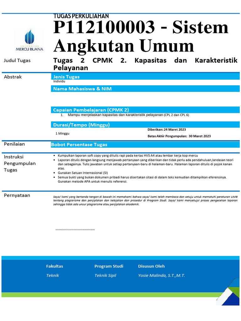Tugas 2 CPMK 2 Kapasitas Dan Karakteristik Pelayanan Program Sarjana (OBE) - Sistem Angkutan ...