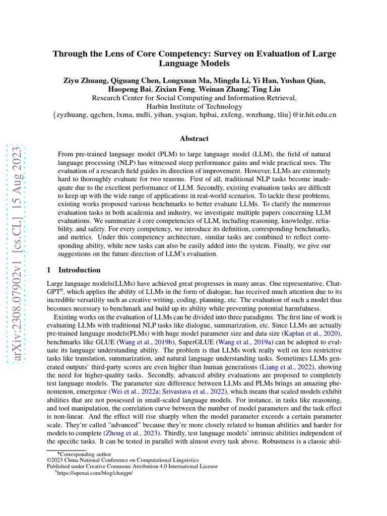 Through The Lens of Core Competency: Survey On Evaluation of Large Language Models | PDF ...