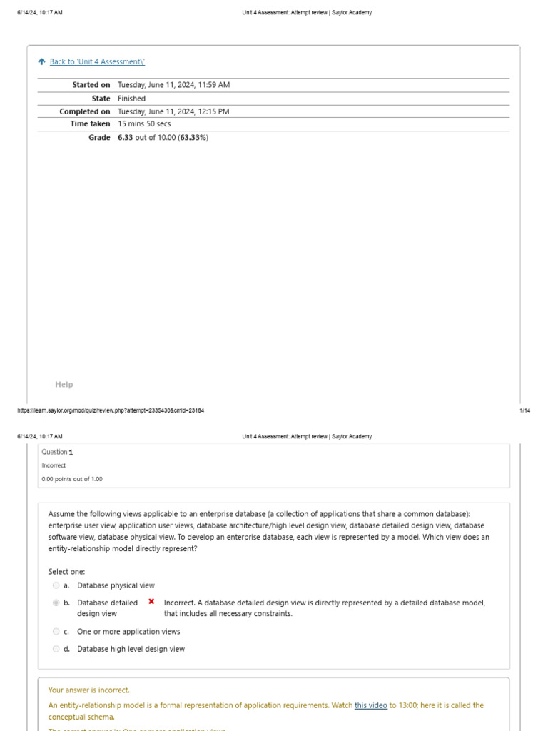 Unit 4 Assessment_ Attempt review _ Saylor Academy | PDF | Conceptual Model | Databases