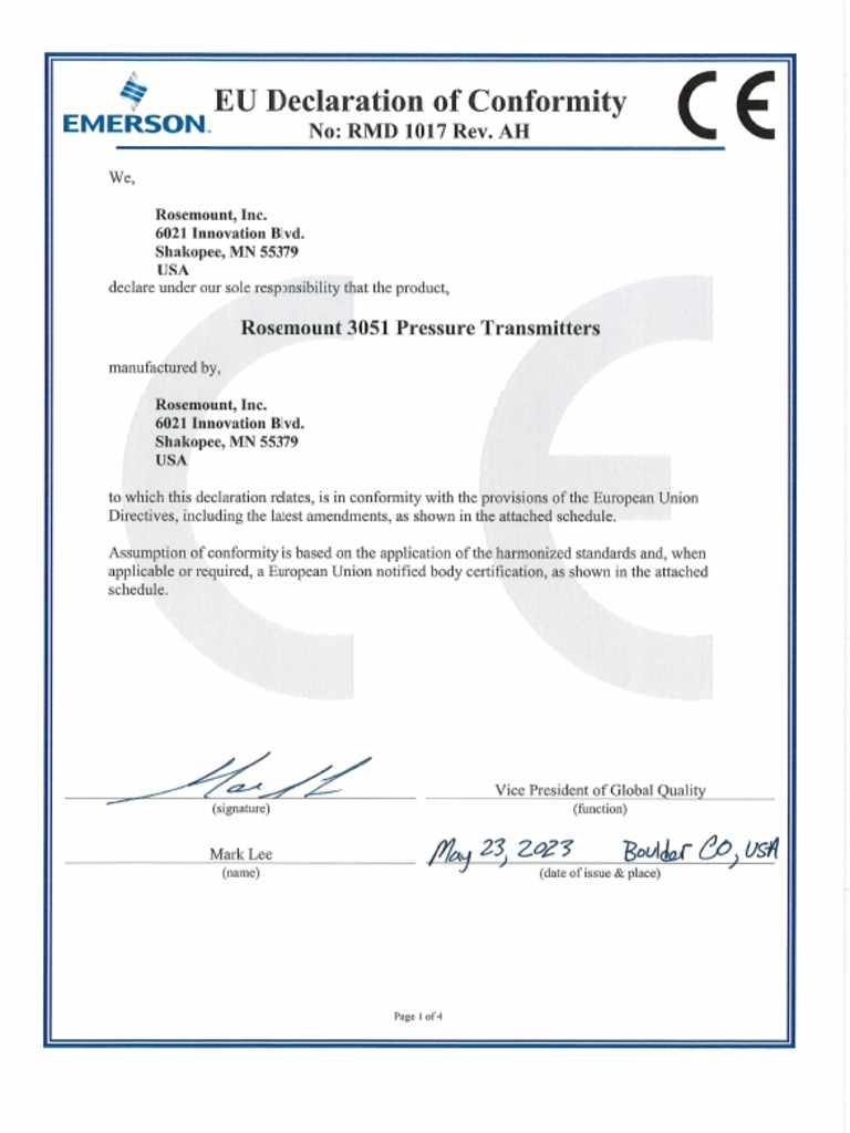 Declaration of Conformity 3051 Pressure Transmitter Products en 74618 | PDF