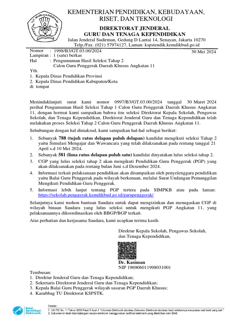 1998 - Pengumuman Seleksi Tahap 2 - CGP Dasus A11.R1 1 | PDF