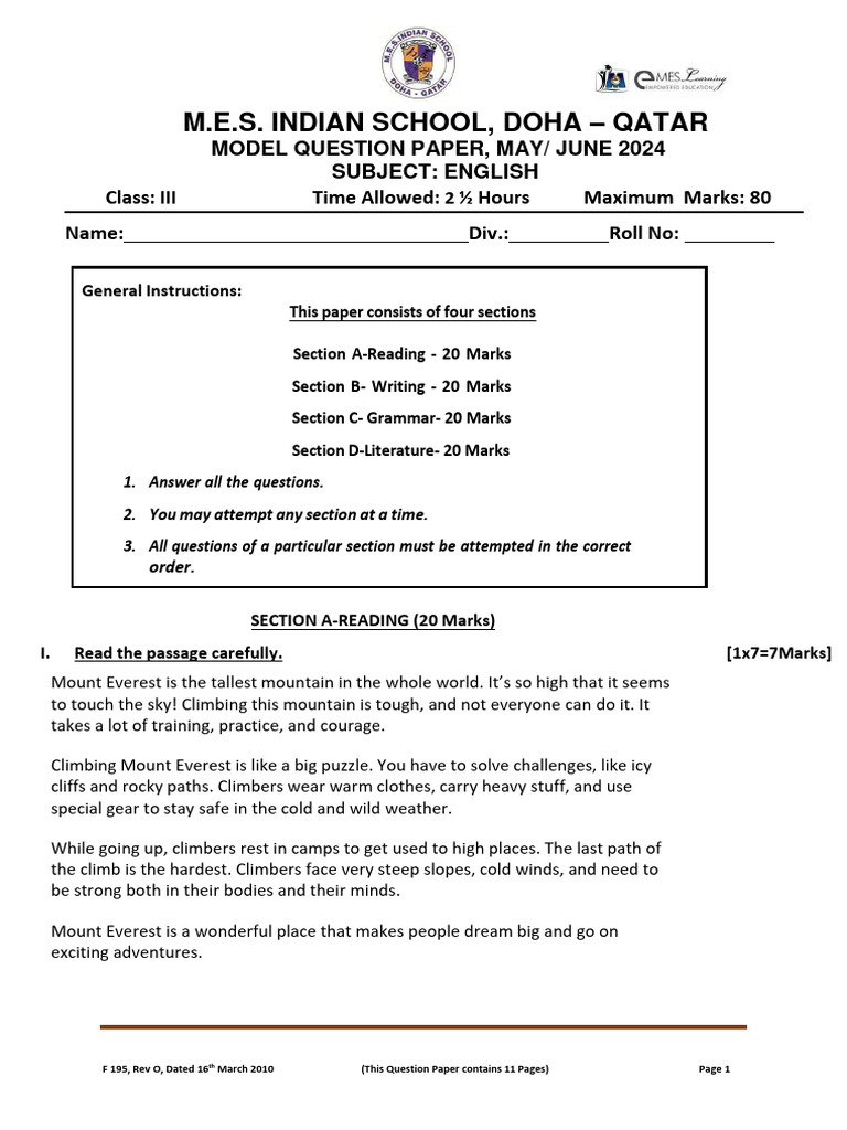 Class 3 English Model Question Paper | PDF | Mount Everest | Koala
