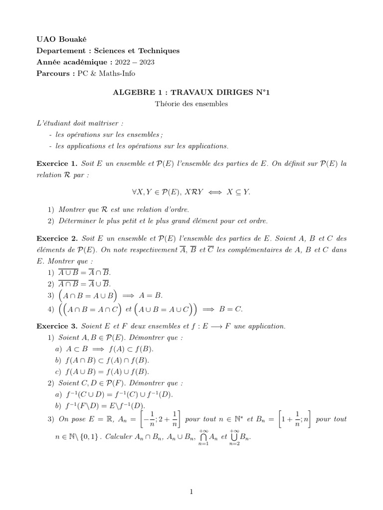 L1-Algèbre 1 - TD N°1 - PC-MI | PDF | Inclusion (mathématiques) | Concepts mathématiques