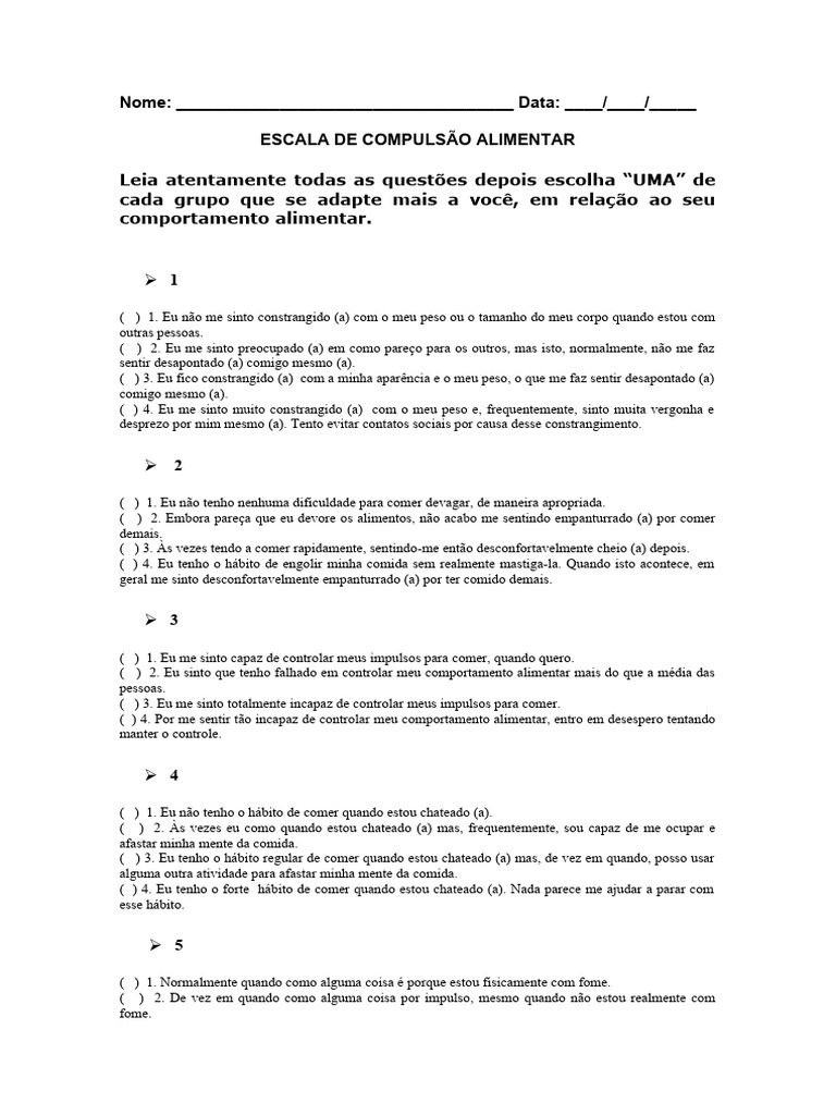Escala de compulsão alimentar | Download grátis PDF | Alimentos | Fome