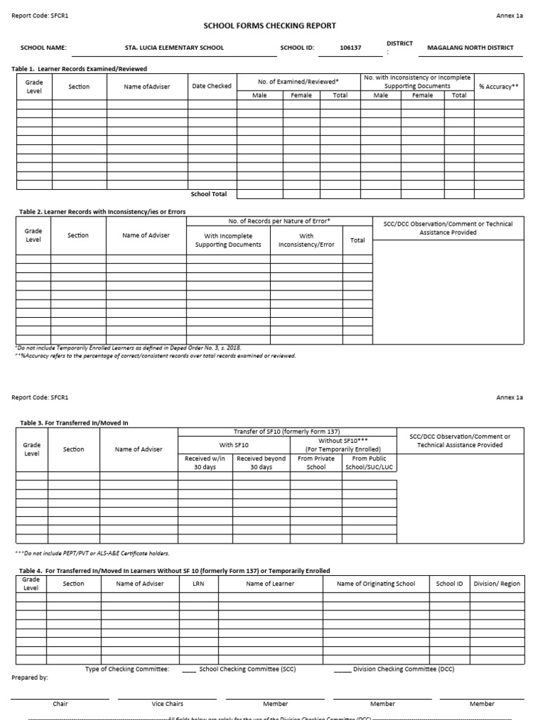 School Forms Checking Report SFCR1 | PDF