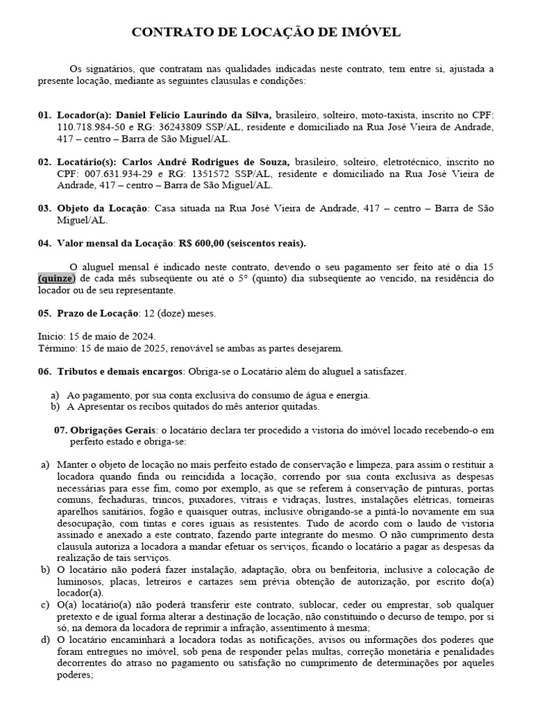 Contrato de Locação de Imóvel Daniel | PDF | Aluguel | Indenização