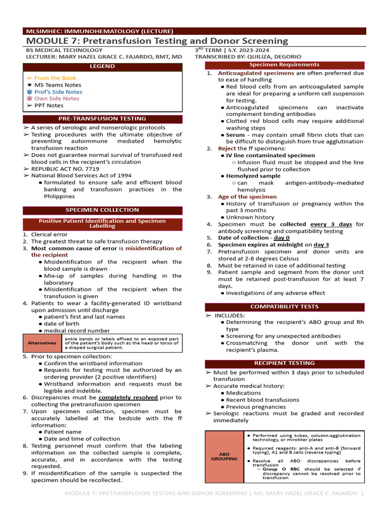 L7 - Pretransfusion Testing and Donor Screening | PDF | Blood Type | Blood
