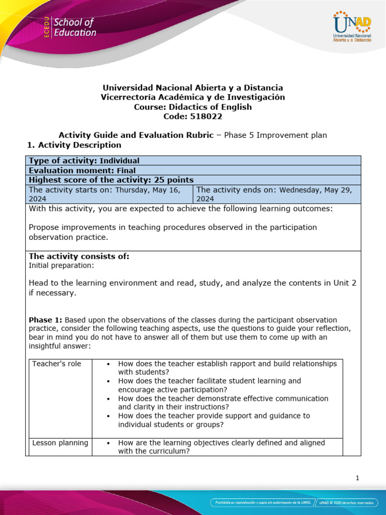 Activity Guide and Evaluation Rubric - Phase 5 - Improvement Plan | PDF ...