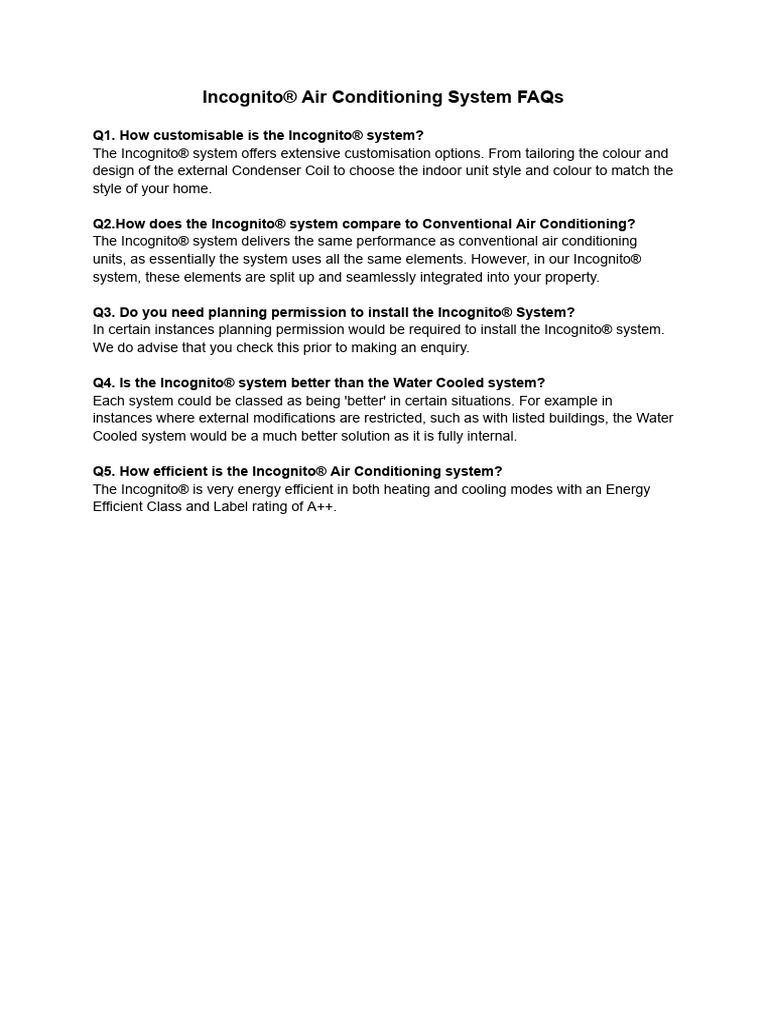 Incognito® Air Conditioning System FAQs | PDF