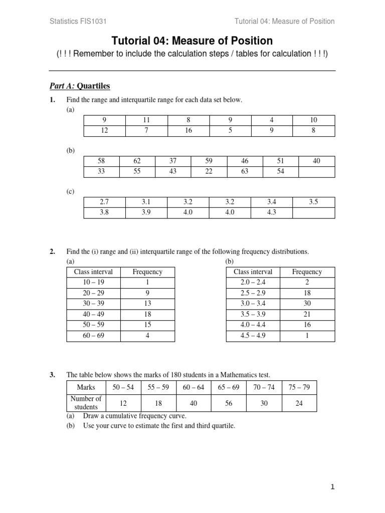 Tutorial 04 Measure of Position | PDF | Quartile | Statistical Theory
