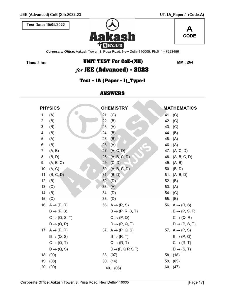 UT (A) - CoE (XII) - Test-01 - Paper-1 - (Code-A) - 2022-23 (15-05-2022 ...