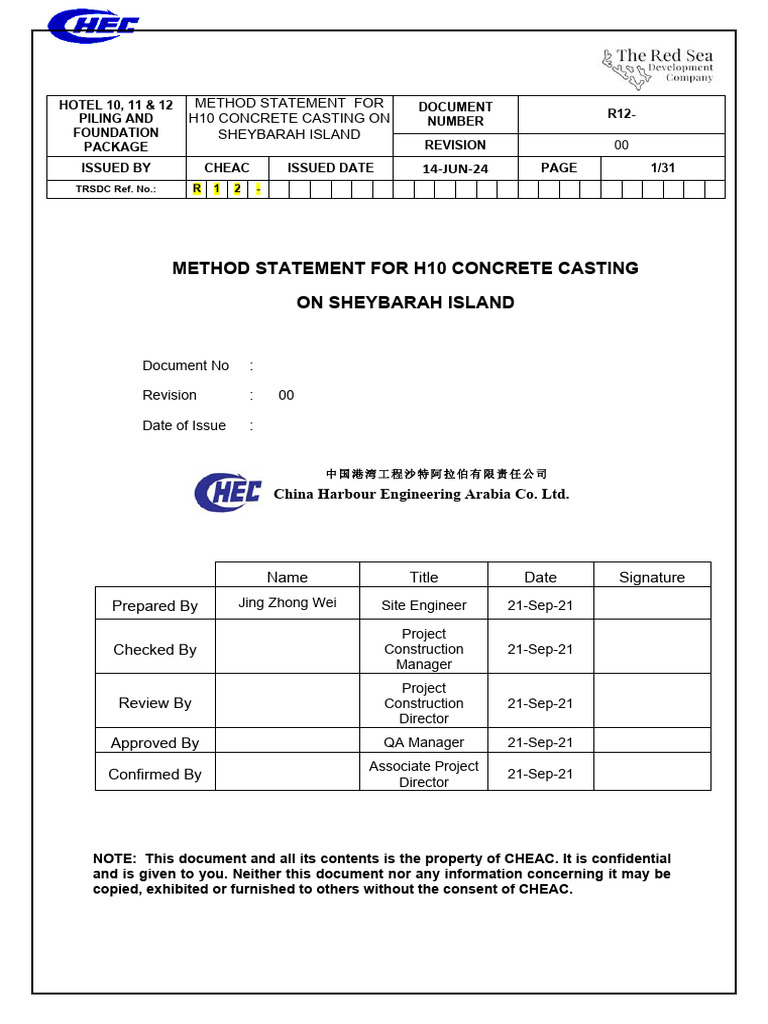 Method Statement For H10 Concrete Casting On Sheybarah Island | PDF | Concrete | Waste Management
