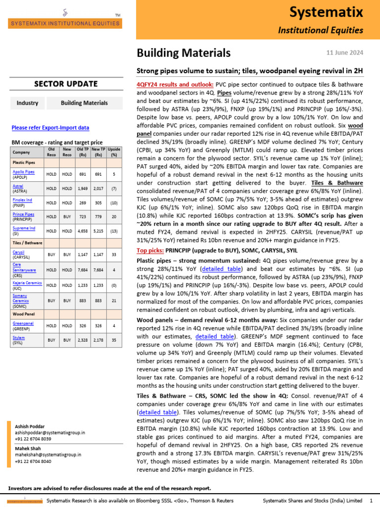 Building Materials - Sector Update - 11-06-2024 - Systematix | PDF ...