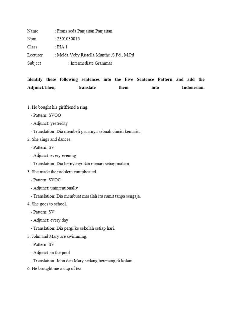 intermediate grammar five sentence(Frans) | PDF