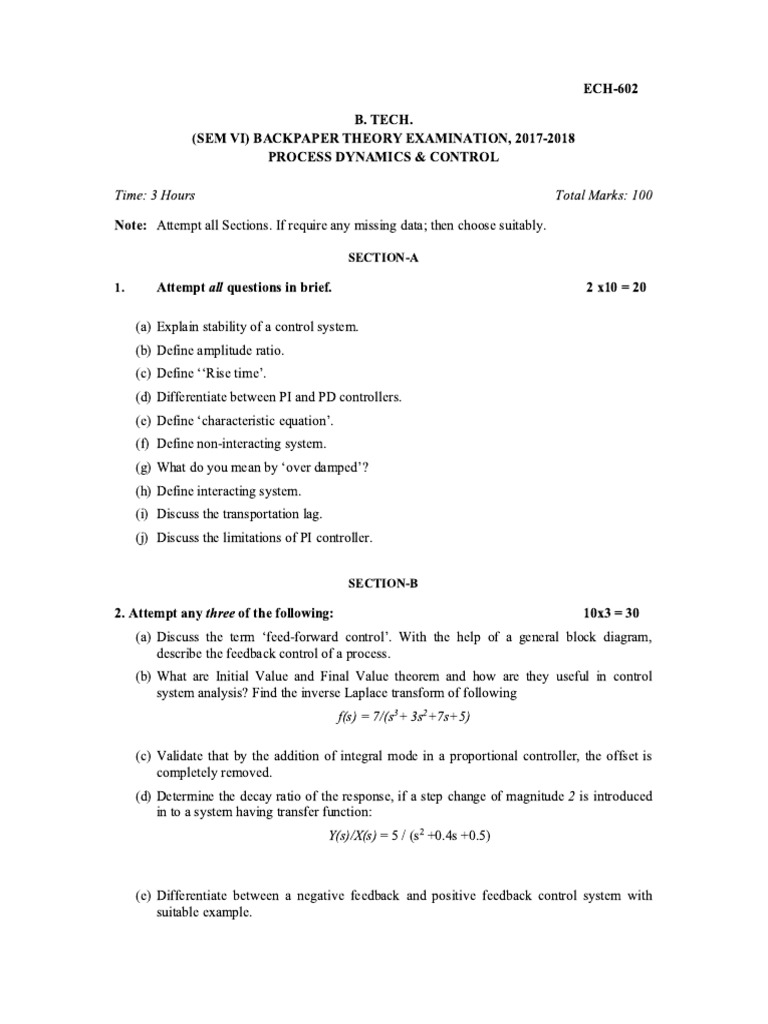 Btech CH 6 Sem Process Dynamics and Control Ech 602 2017 18 | PDF