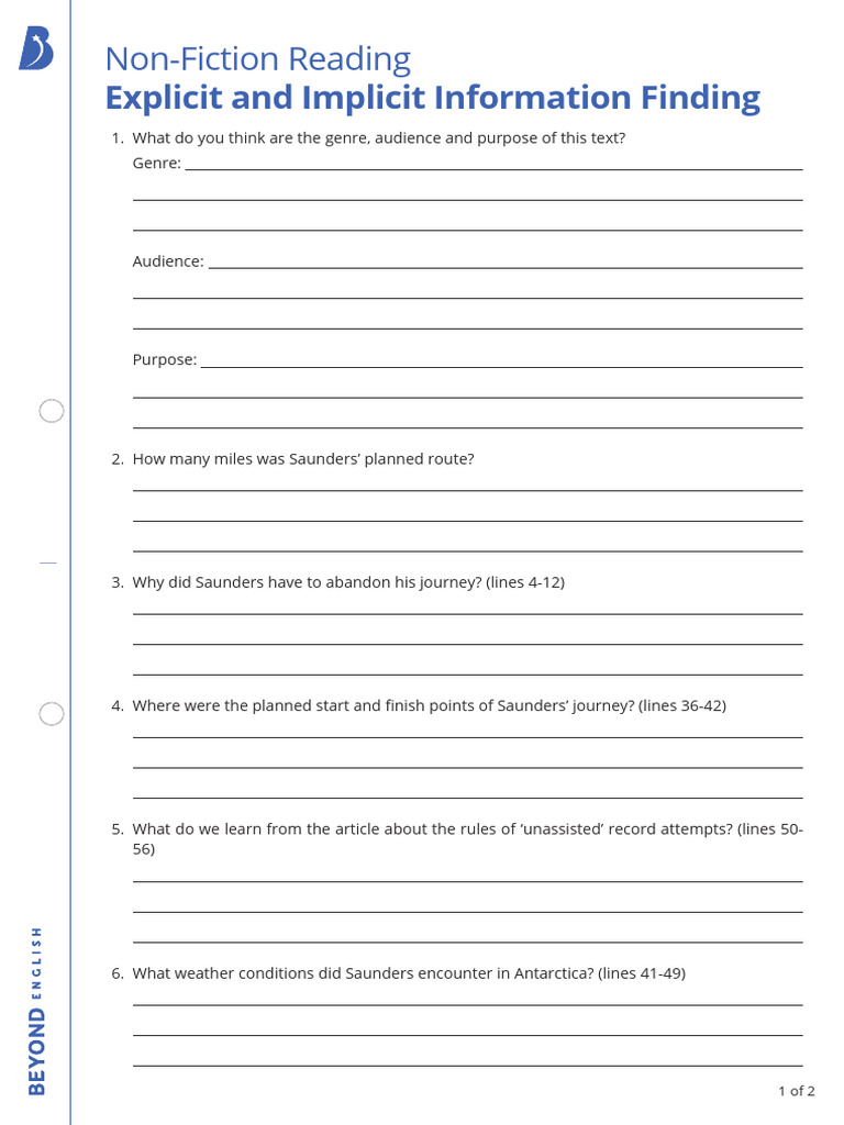 Explicit and Implicit Information Worksheet | PDF | South Pole | Cognition