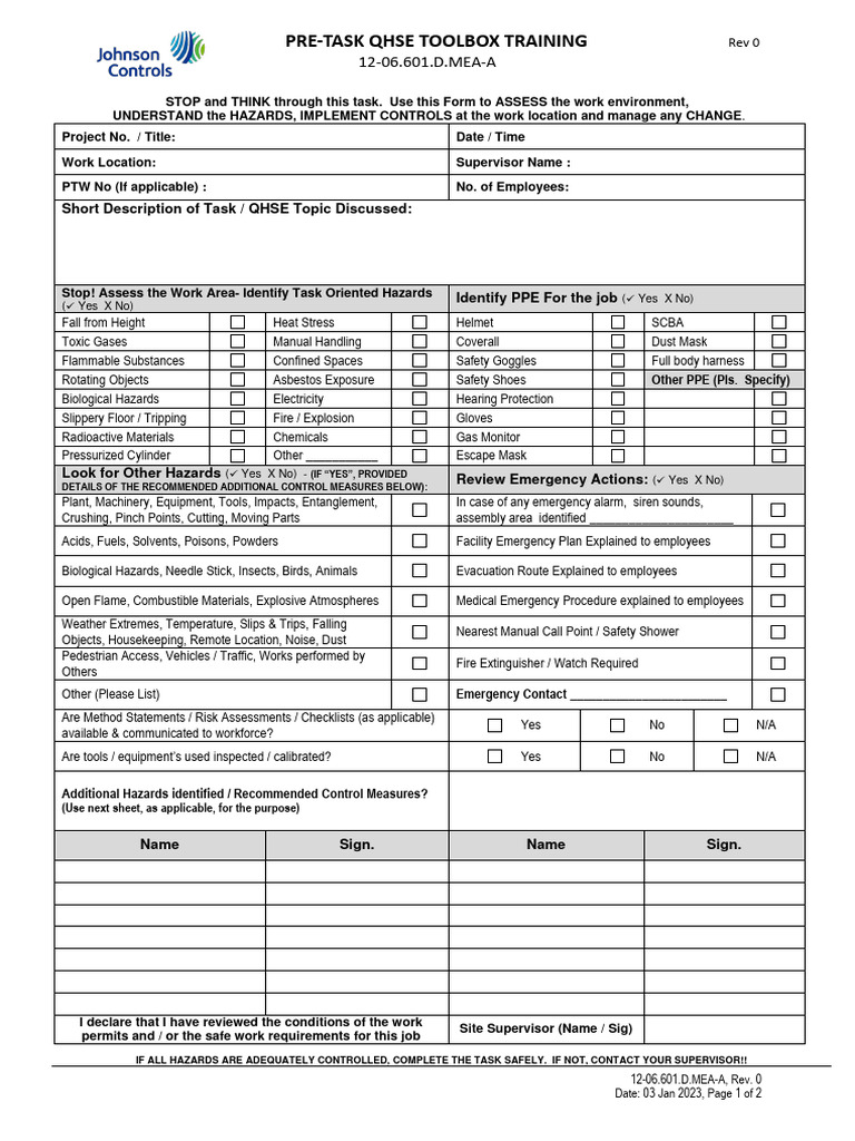 12-06.601.D.MEA-A Pre-Task QHSE Toolbox Training Record | Download Free ...
