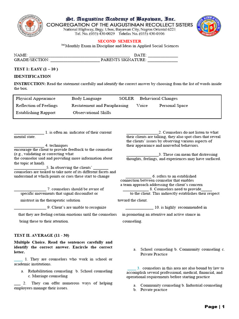 3rd Monthly Exam in DIASS March 1 and 2 2024 | PDF | Counseling ...