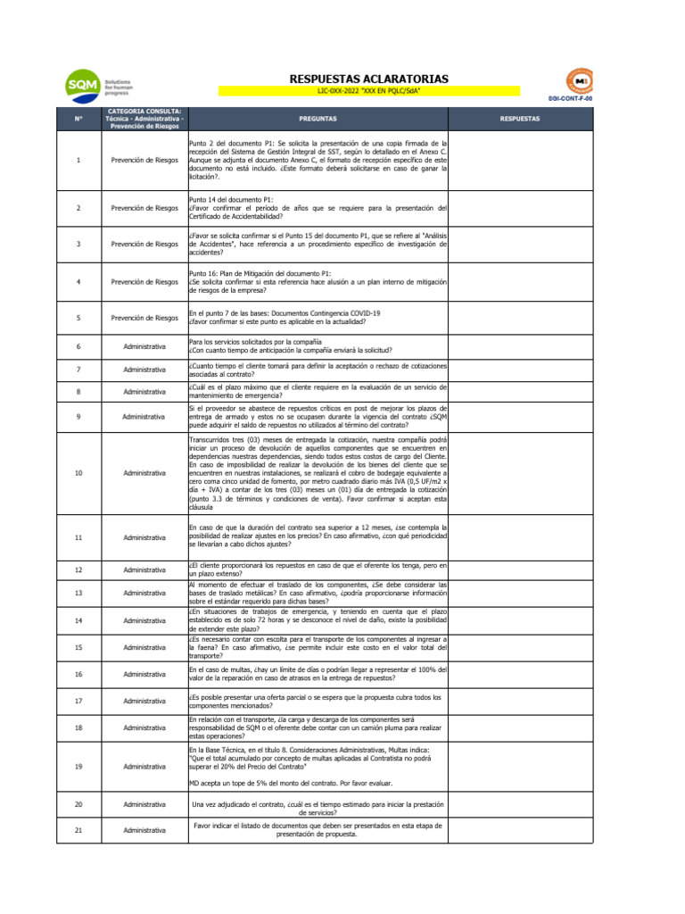 SGI-CONT-F-002-00 Formulario de Consultas y Respuestas (Rev1) | PDF ...