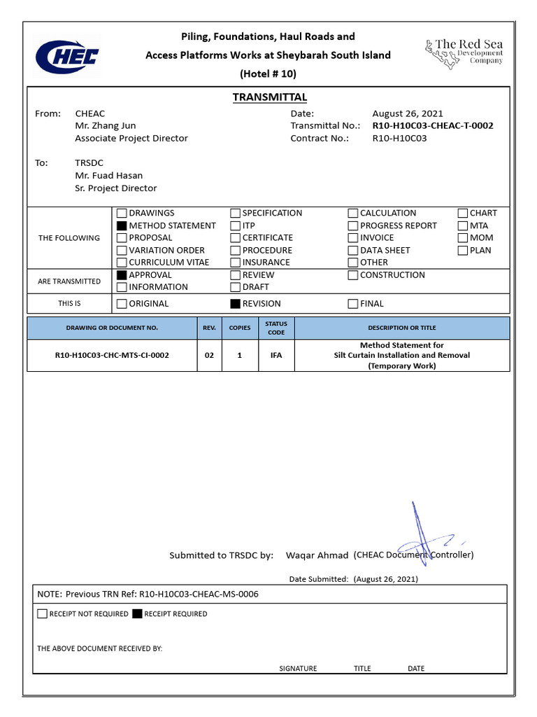 R10-H10C03-CHC-MTS-CI-0002 Method Statement For Silt Curtain ...