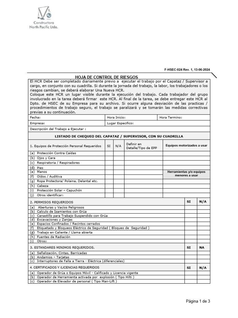 Hoja De Control De Riesgos Hcr Rev 1 Pdf 7075